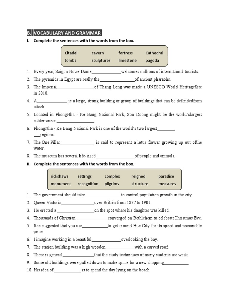 B. Vocabulary and Grammar: I. Complete The Sentences With The Words ...