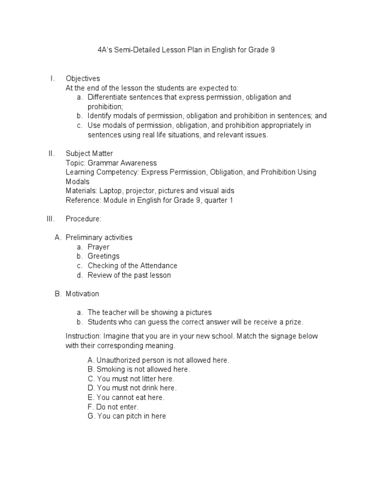4a's Lesson Plan | PDF | Question | Communication