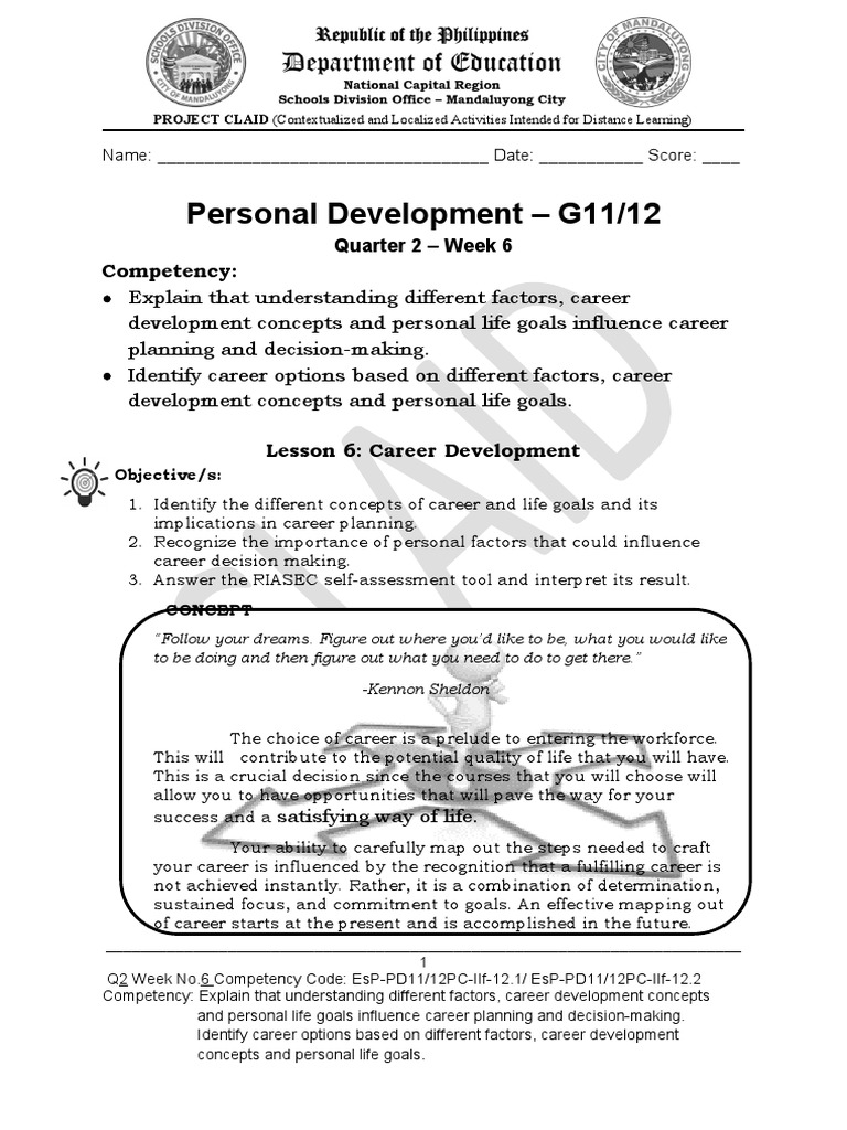 FV PerDevSHS Q2W6 Lesson6 Career-Development | PDF | Goal | Decision Making