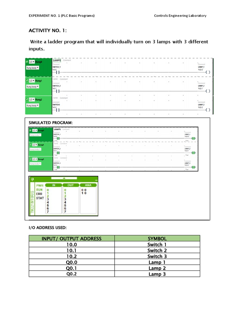 Experiment No. 1 (PLC Basic Programs) | PDF | Programmable Logic Controller | Relay