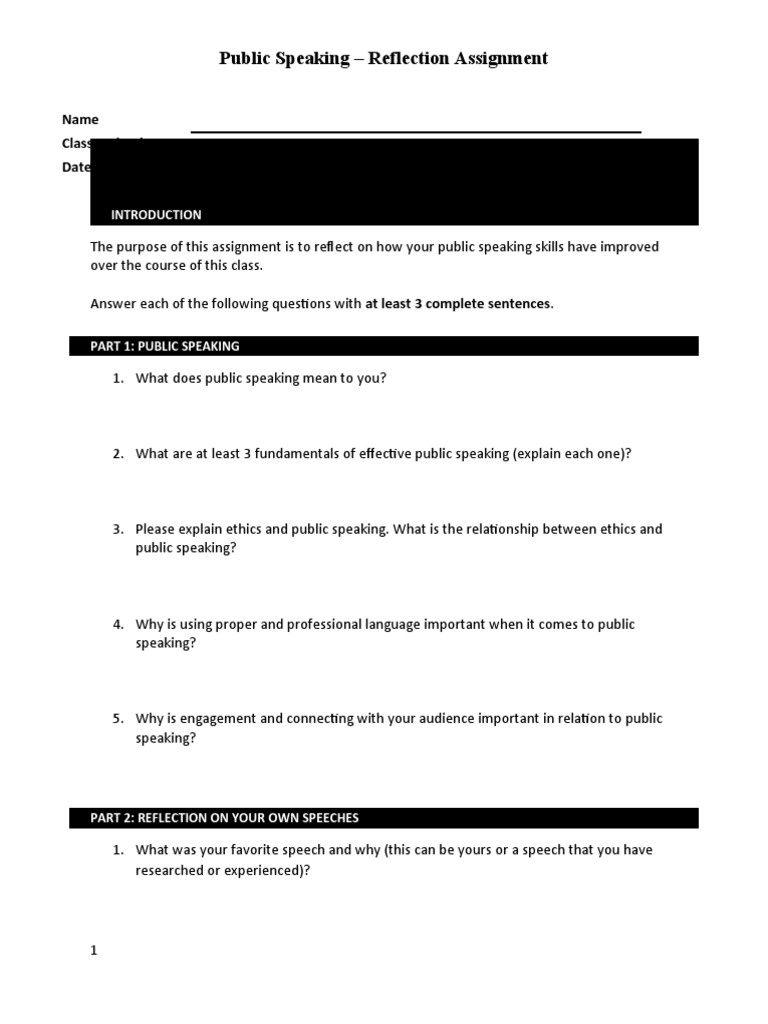 Public Speaking Skills Reflection Guide | PDF