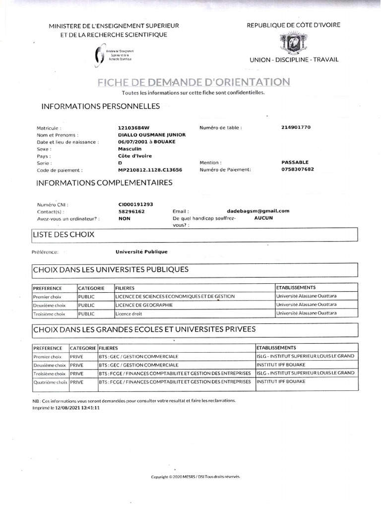 Fiche de Demande D'orientation | PDF