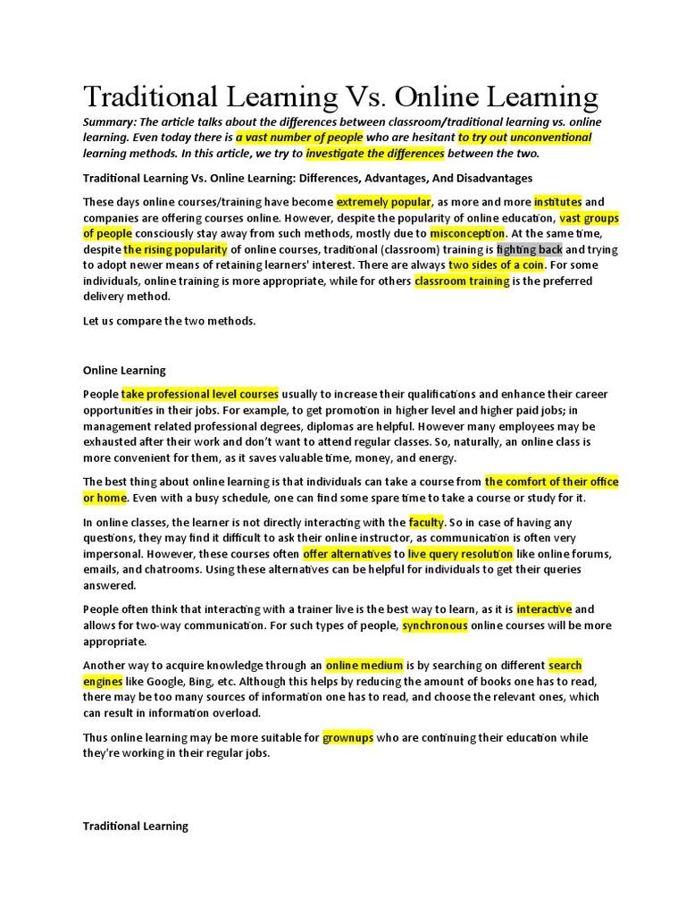 Traditional Learning Vs Online Learning | PDF | Educational Technology ...