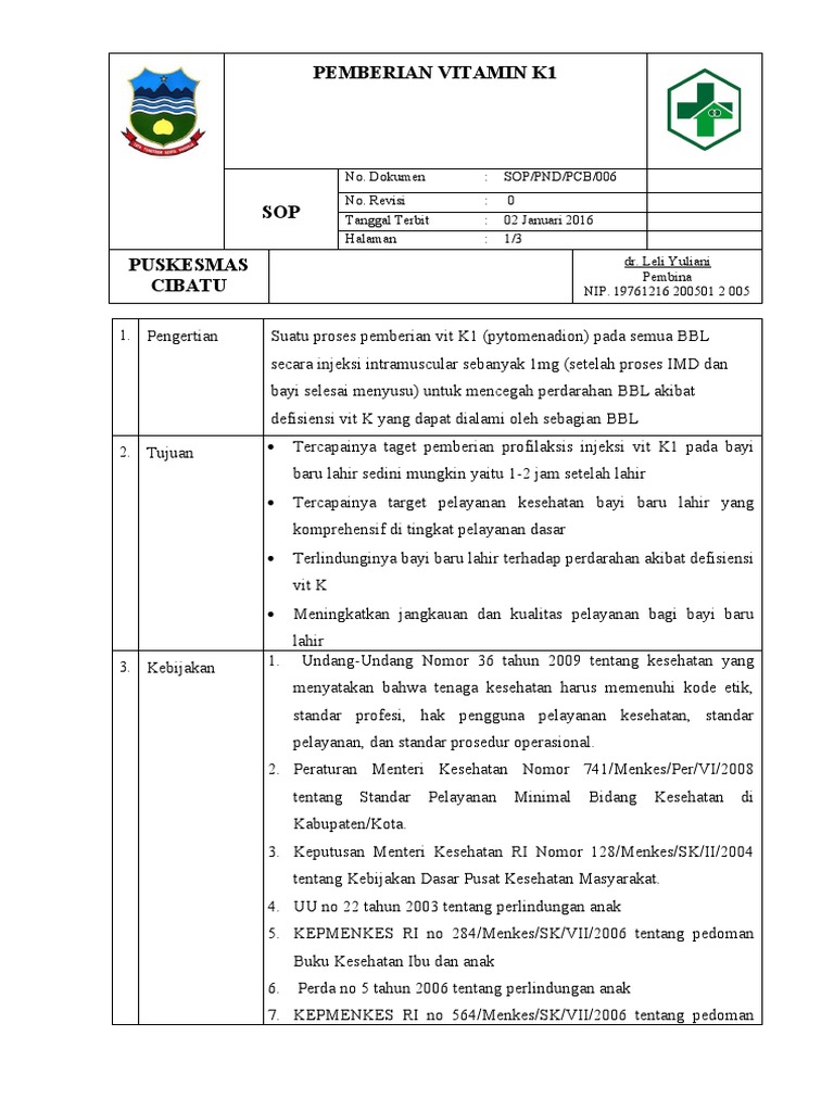 Sop 006 Pemberian Vitamin K 1 | PDF | Sains & Matematika