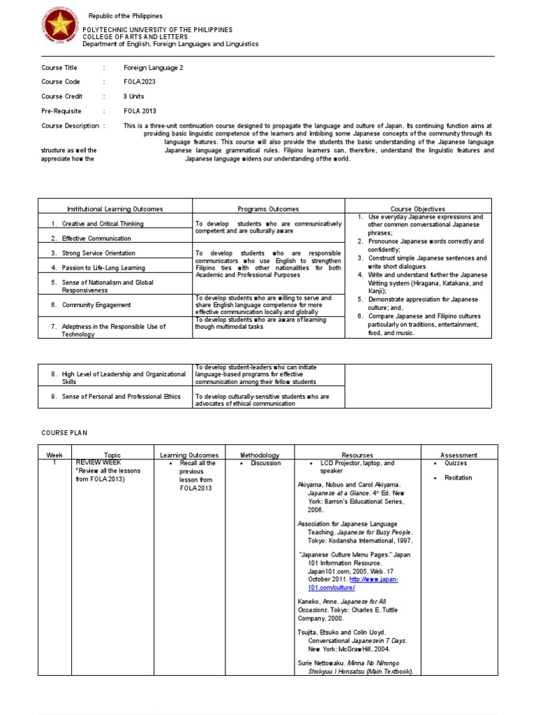 Obe Syllabus Fola - 2 (Jap) | PDF | Japanese Language | English Language