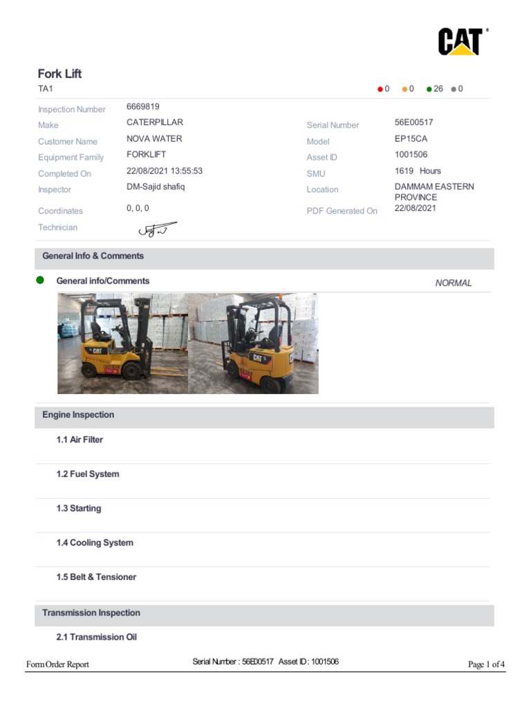 Caterpillar Forklift Inspection Report | PDF | Transmission (Mechanics ...