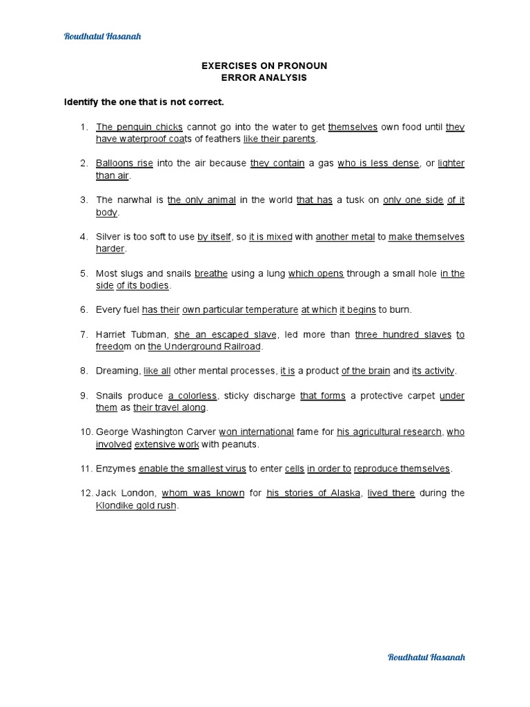 Exercises On Pronoun Error Analysis Identify The One That Is Not ...