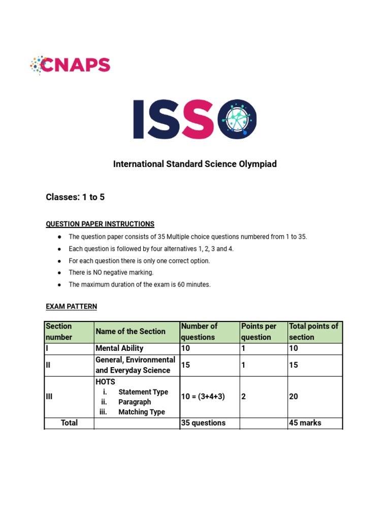 International Standard Science Olympiad: Question Paper Instructions | PDF