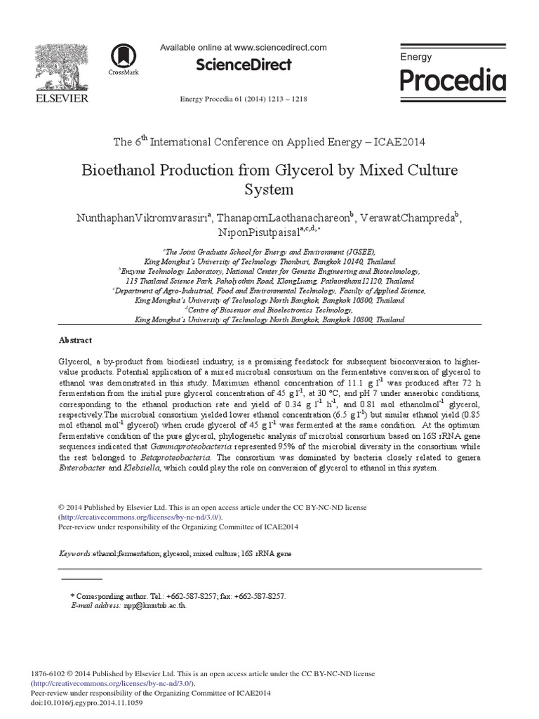 Bioethanol Production From Glycerol by Mixed Culture System | PDF ...