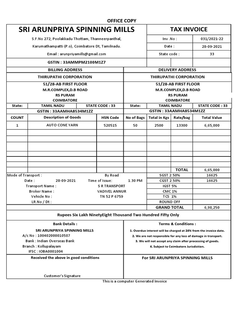 Sri Arunpriya Spinning Mills: Tax Invoice | PDF | Government Finances ...