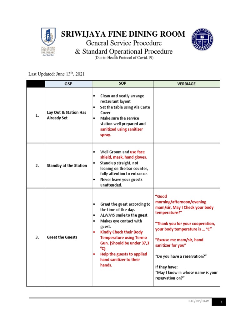 Sapphire Dining Menu Procedures | PDF | Waiting Staff | Food And Drink