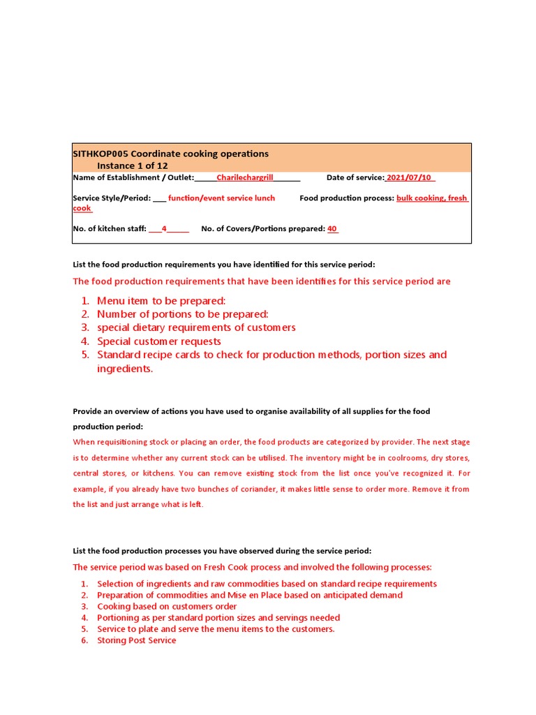 SITHKOP005 Coordinate Cooking Operations Instance 1 of 12 | PDF | Foods ...