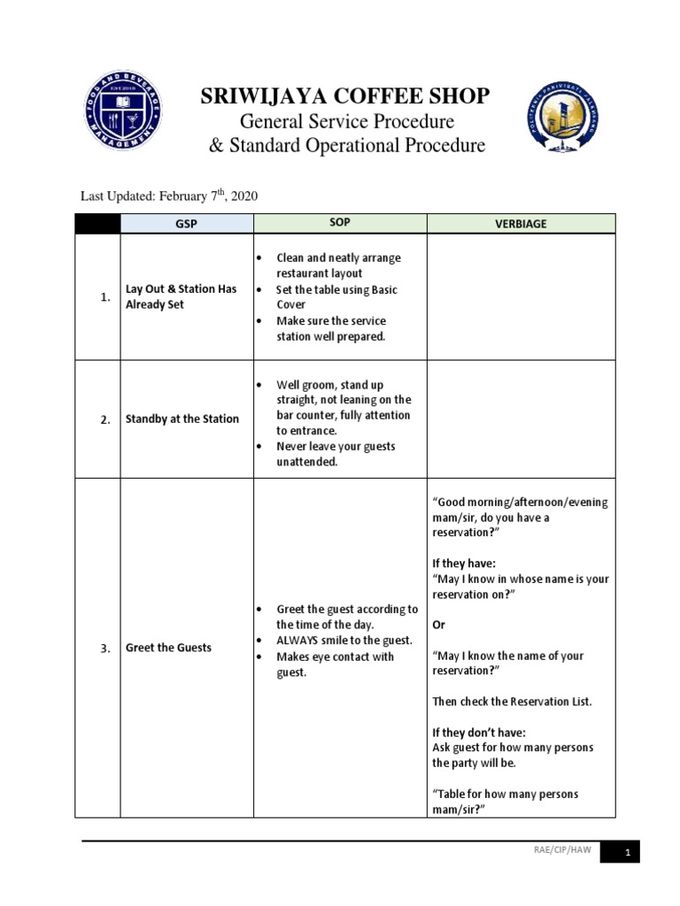 Coffee Shop GSP & SOP | PDF | Waiting Staff | Diet & Nutrition