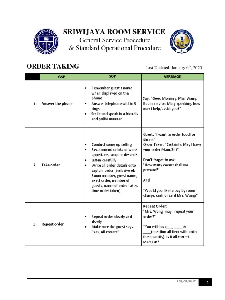 Room Service GSP & SOP | PDF | Food And Drink