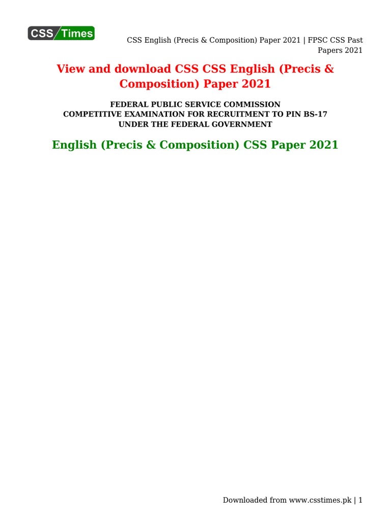 CSS English (Precis & Composition) Paper 2021 - FPSC CSS Past Papers 2021 | PDF