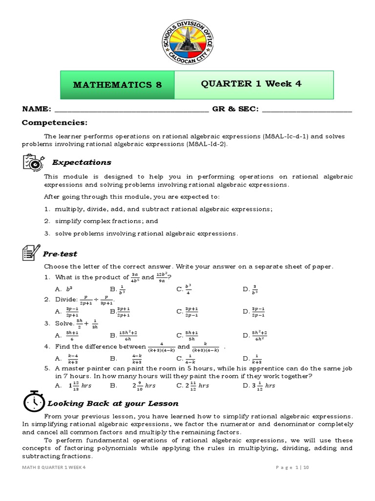 Mathematics 8 Quarter 1 Week 4: NAME: - GR & SEC: - Competencies | PDF ...