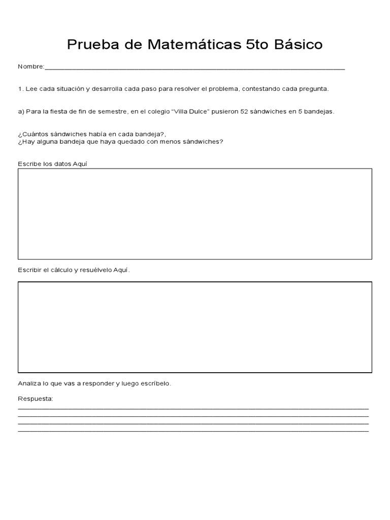 Prueba de Matemáticas 5to Básico | PDF