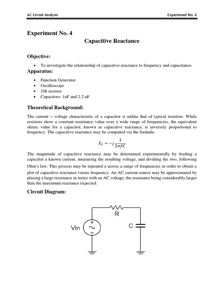 Experiment No. 4 Capacitive Reactance: Objective | PDF | Capacitor | Electrical Network