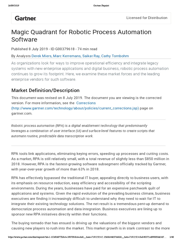 Gartner Magic Quadrant For Robotic Process Automation Software July ...