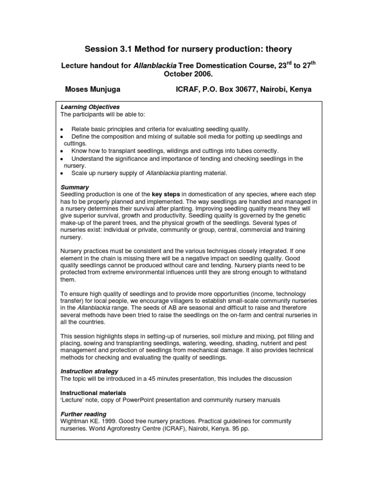 3.1 Nursery Production Lecture Note | PDF | Plant Nursery | Sowing
