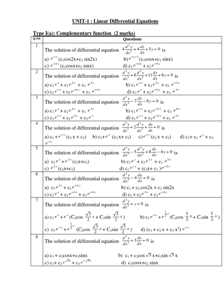 Unit 1 Linear Differential Equations Type I A Complementary