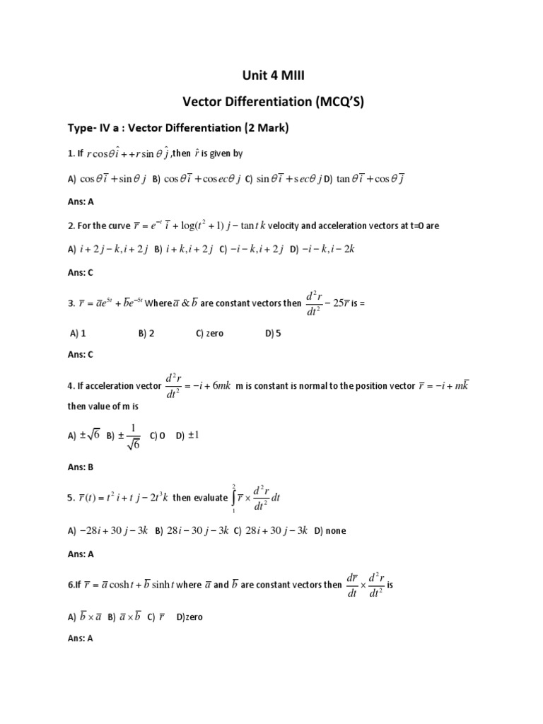 Unit 4 MIII Vector Differentiation (MCQ'S) | PDF | Acceleration | Physics
