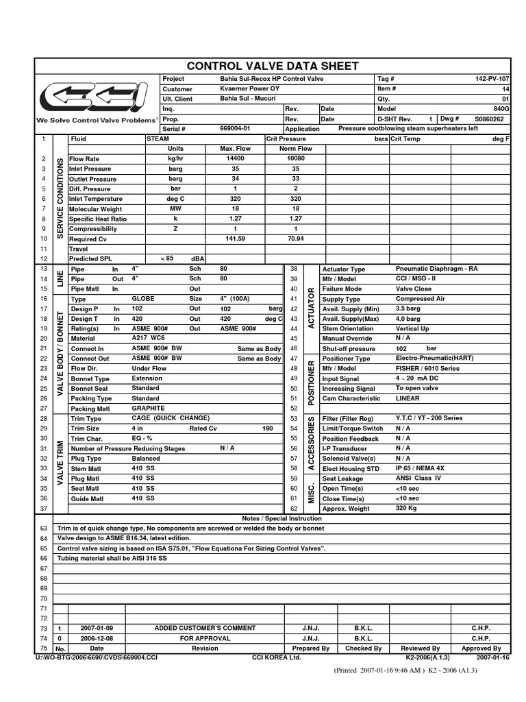 Control Valve Data Sheet: (Printed 2007-01-16 9:46 AM) K2 - 2006 (A1.3 ...