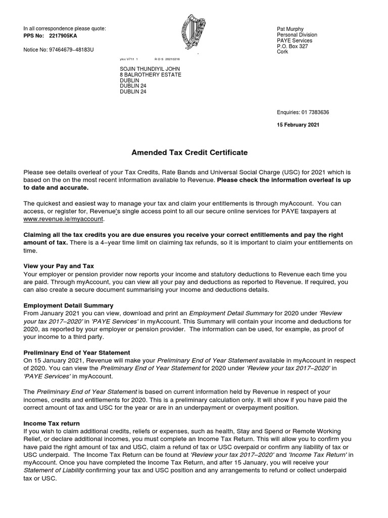 Amended Tax Credit Certificate: 2217905KA Pps No | PDF | Taxes | Tax Refund