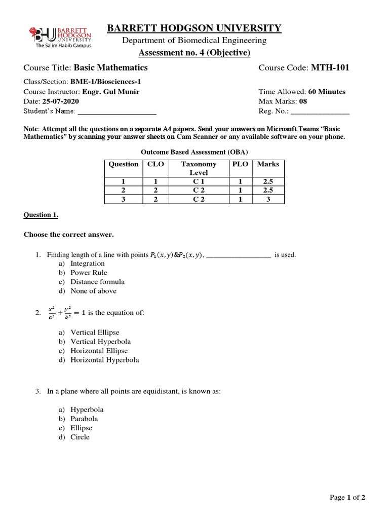 Basic Mathematics Assessment MTH-101 | PDF | Ellipse | Integral