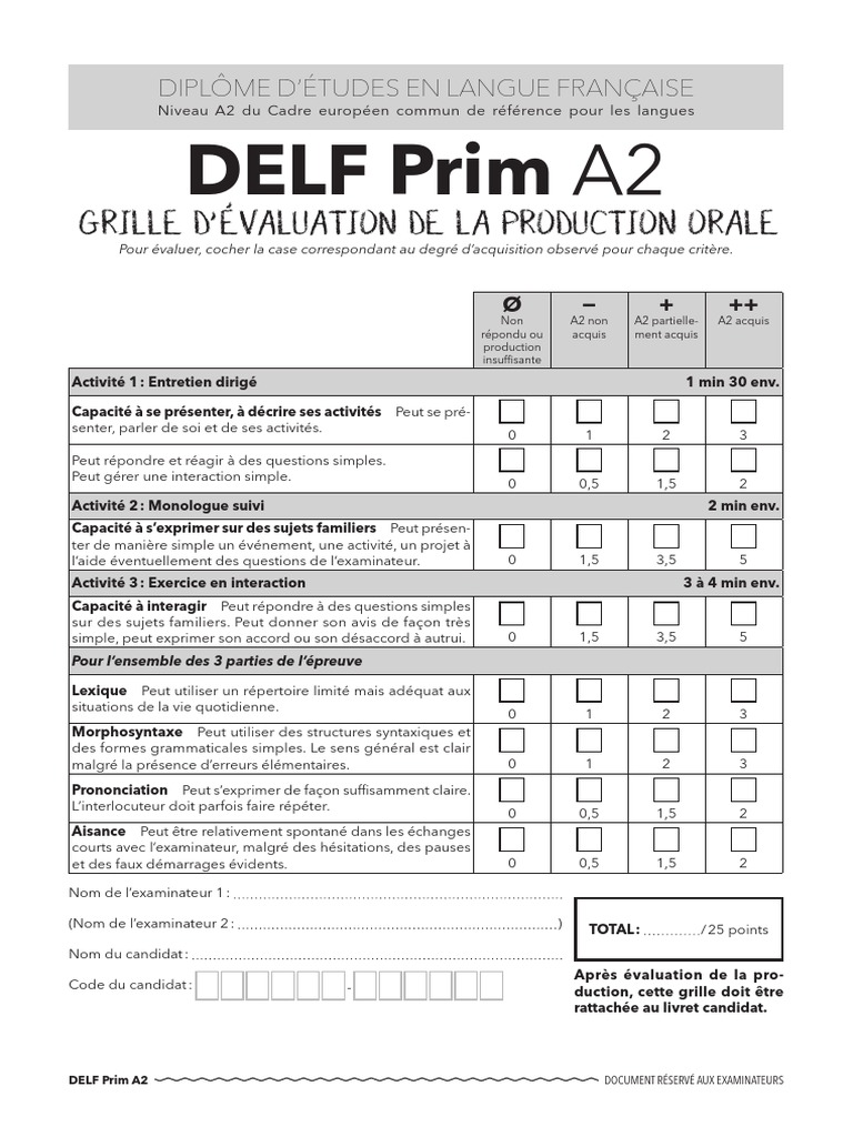 Grille Dévaluation de La Production Orale DELF Prim A2 | PDF | Cognition