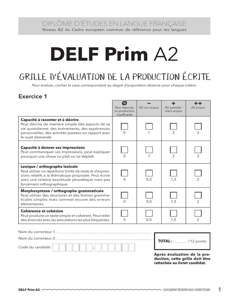Grille Dévaluation de La Production Écrite DELF Prim A2 | PDF ...