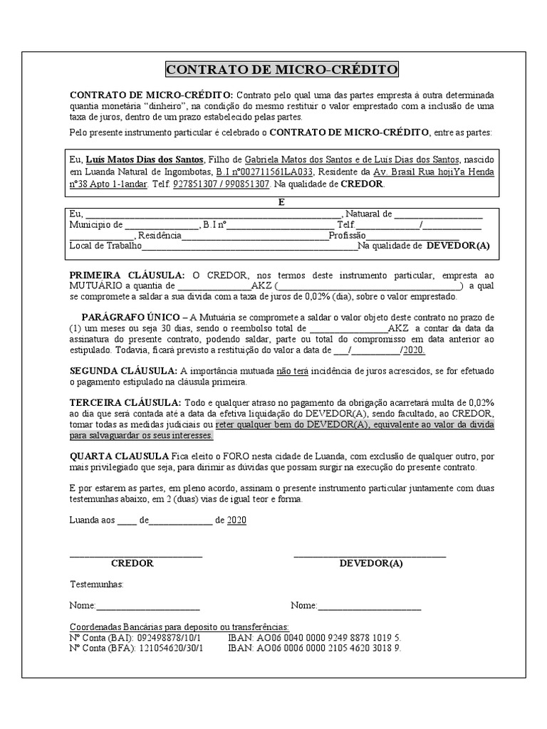 Contrato de Micro-Créditos | PDF | Crédito | Finanças e Administração ...