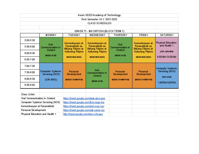 Grade 11 Class Schedule 2021-2022 | PDF