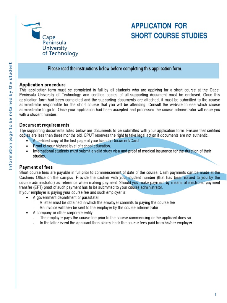 CPUT Application Form Short Courses | PDF | Payments | Damages