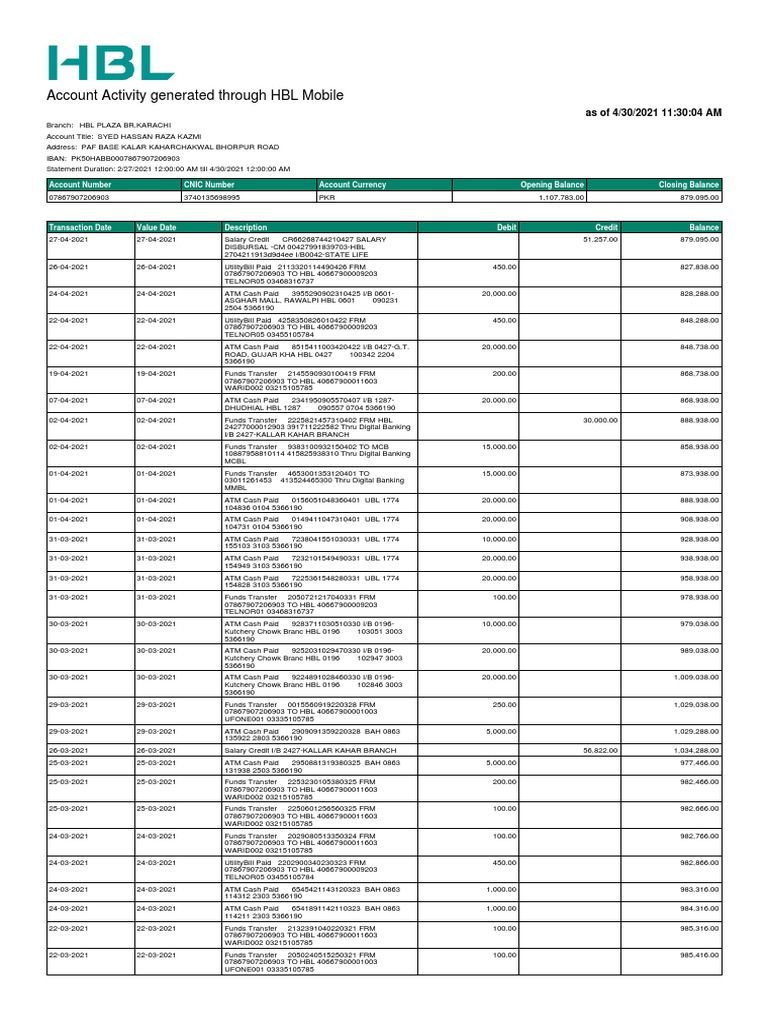 Account Activity Generated Through HBL Mobile | PDF | Automated Teller ...