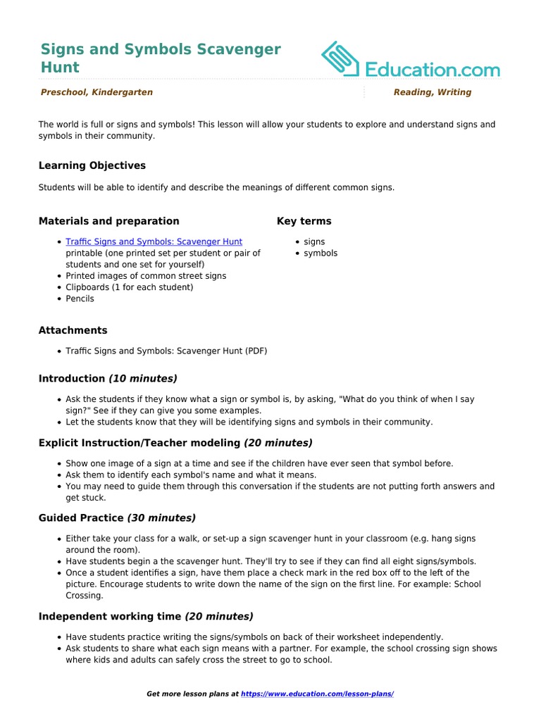 Signs and Symbols Scavenger Hunt: Learning Objectives | PDF | Pedagogy ...