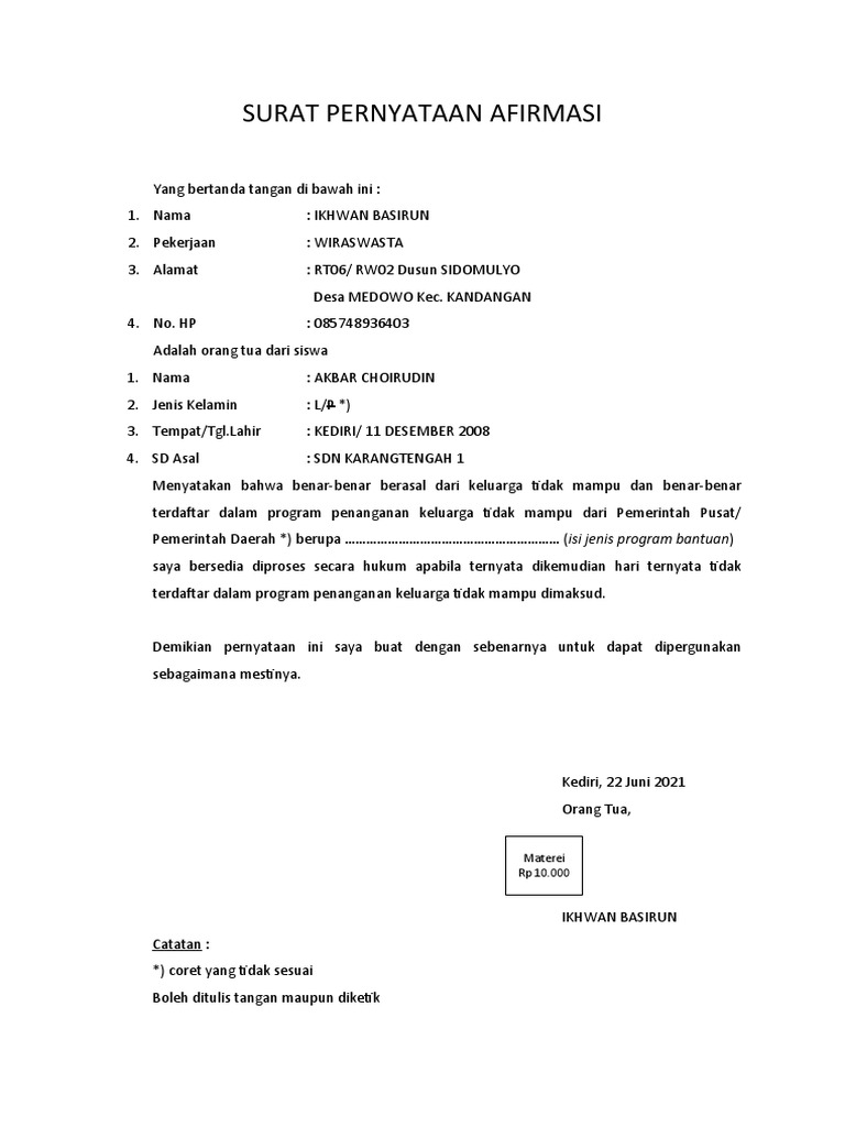 Surat Pernyataan - Afirmasi | PDF