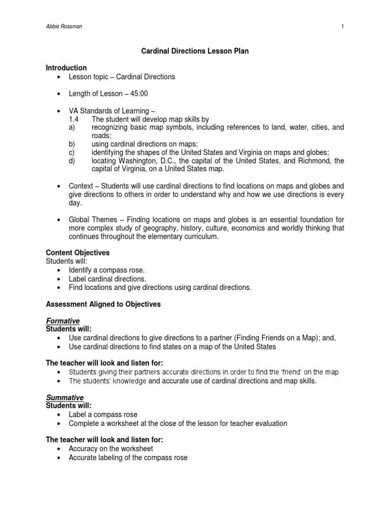Cardinal Directions Lesson Plan: Abbie Rossman | PDF | Learning | Pedagogy