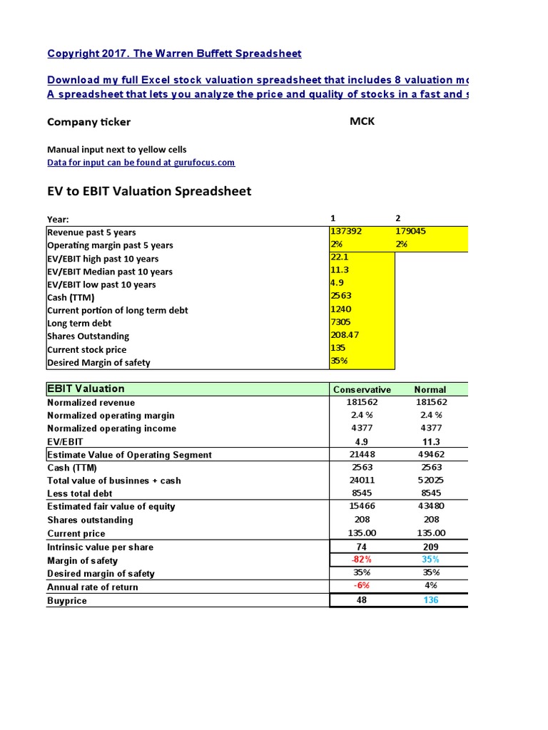 EV To EBIT Valuation Spreadsheet | PDF | Valuation (Finance) | Spreadsheet