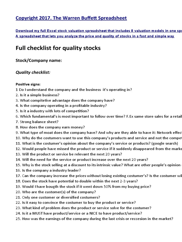 Full Qualitative Stock Checklist | PDF | Stocks | Free Cash Flow