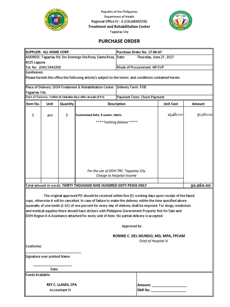 Purchase Order for Customized Sofa | PDF | Business | Law