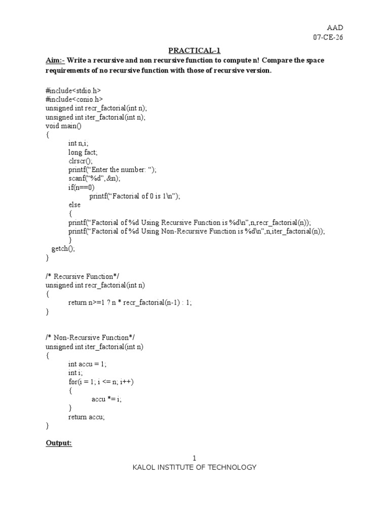 Practical-1 Aim:-Write A Recursive and Non Recursive Function To ...