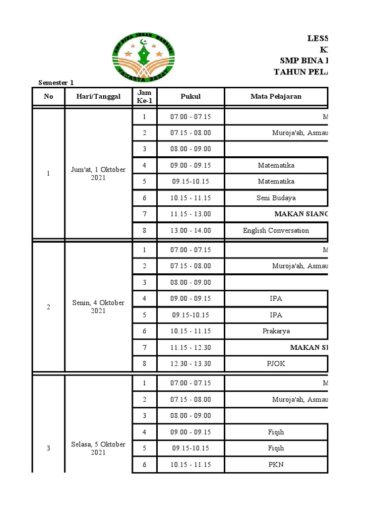 Lesson Plan Kelas 8 SMP Bina Insan Mandiri TAHUN PELAJARAN 2021/2022 | PDF