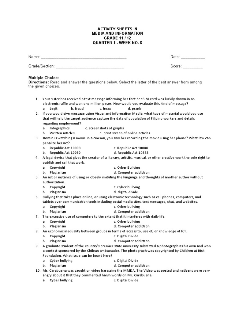 Multiple Choice: Directions: Read and Answer The Questions Below. Select The Letter of The Best ...