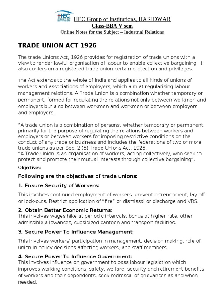 Trade Union Act 1926: HEC Group of Institutions, HARIDWAR | PDF ...