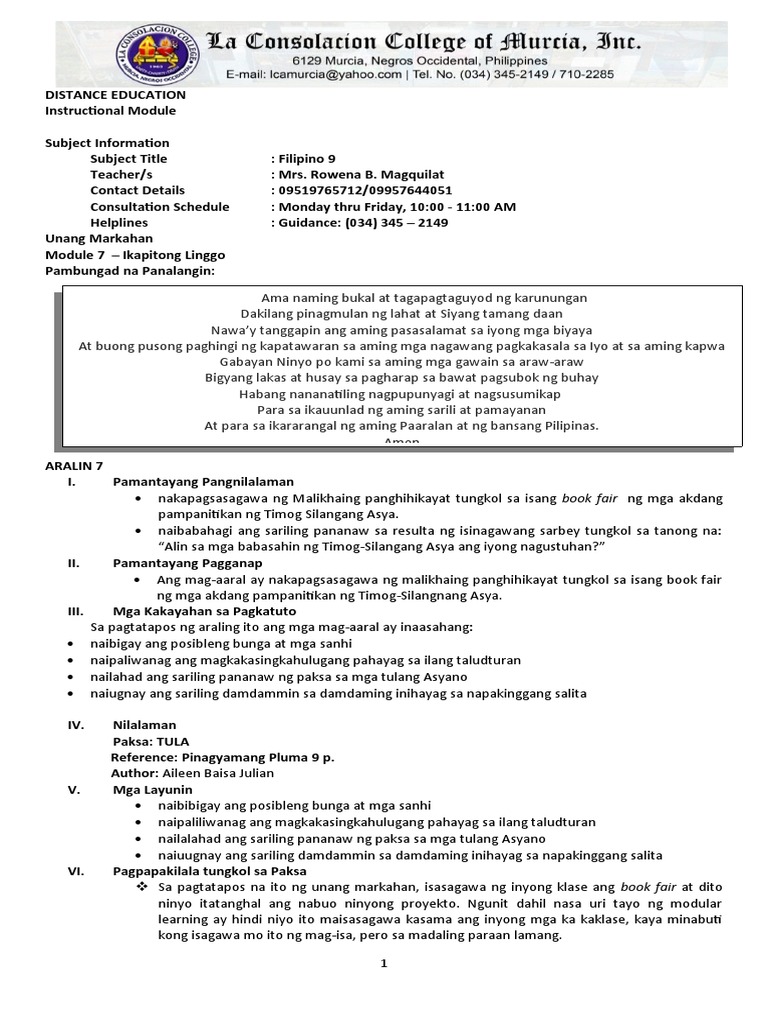 1st Quarter Week 7 Grade 9 Filipino | PDF