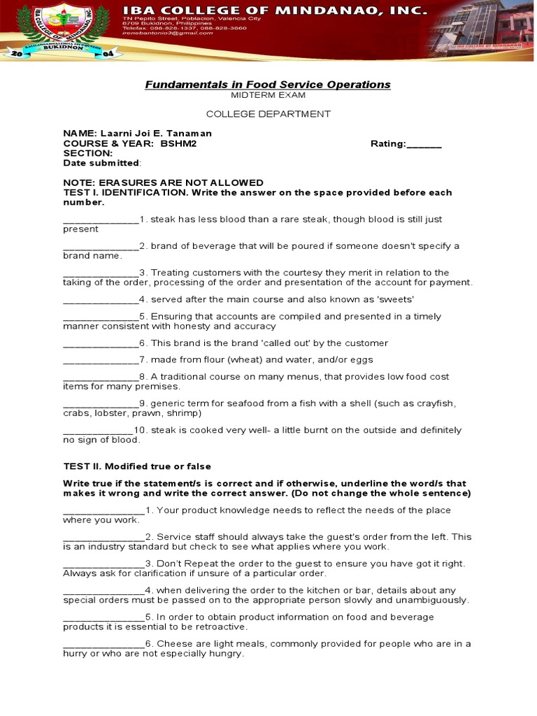 Fundamentals in Food Service Operations EXAM Tanaman | PDF | Foods | Menu
