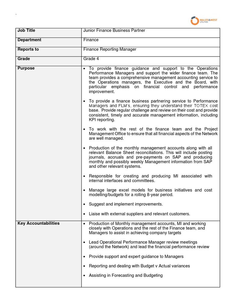 Junior Finance Business Partner Role | PDF | Management Accounting ...