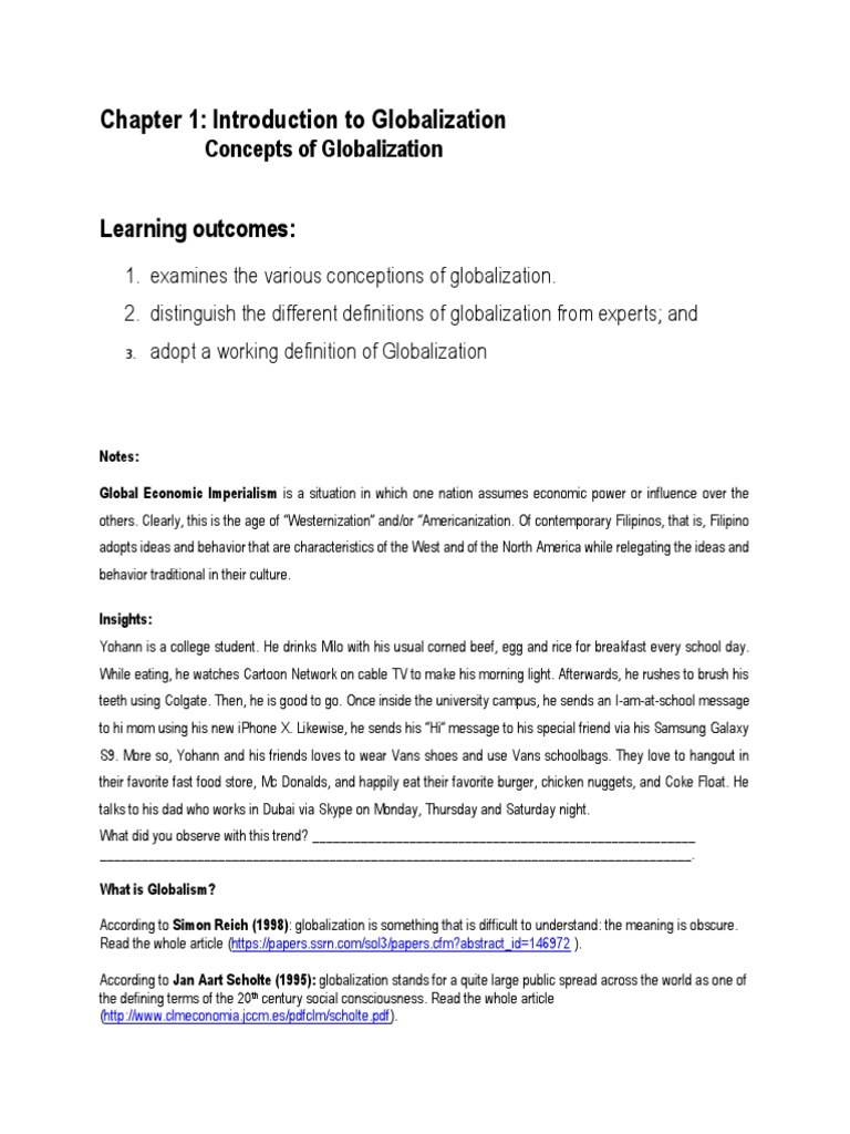 Chapter 1: Introduction To Globalization: Learning Outcomes | PDF ...