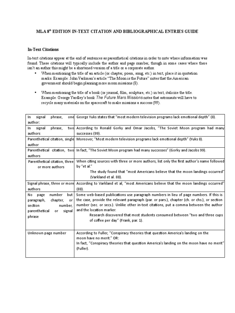 Mla 8 Edition In-Text Citation and Bibliographical Entries Guide | PDF ...